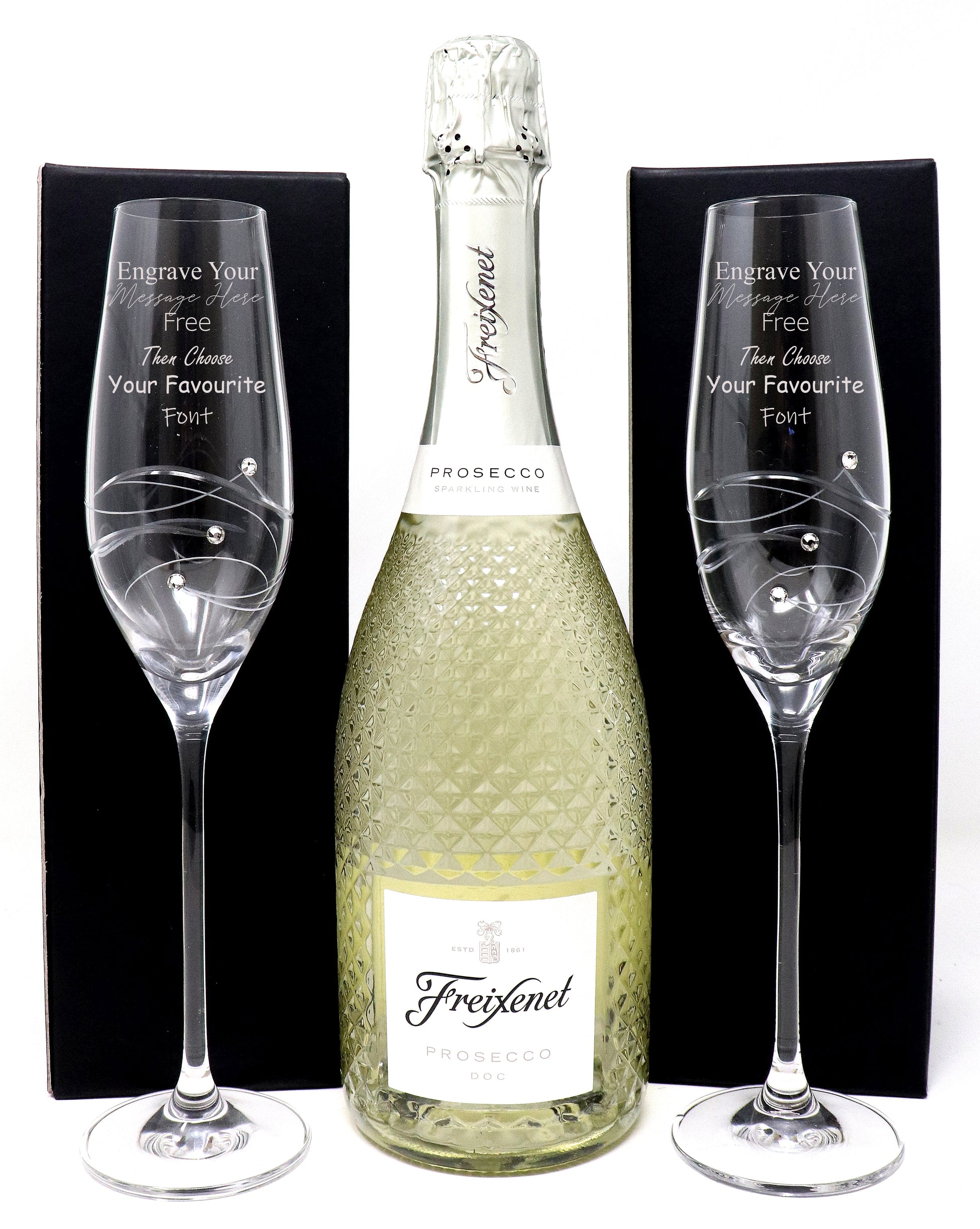 Pair of Personalised Diamante Flutes & Freixenet Prosecco – Regalo