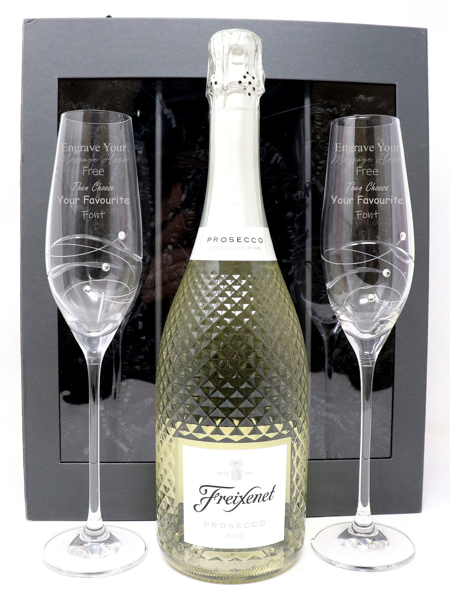 Pair of Personalised Diamante Flutes & Freixenet Prosecco – Regalo